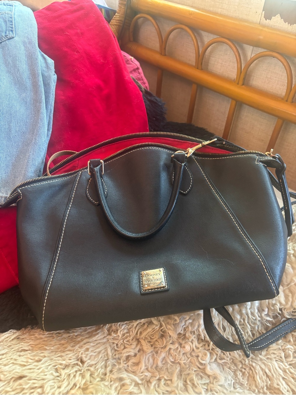 Dooney & Bourke | Bags | Dooney Bourke Black Leather Tote With Red ...